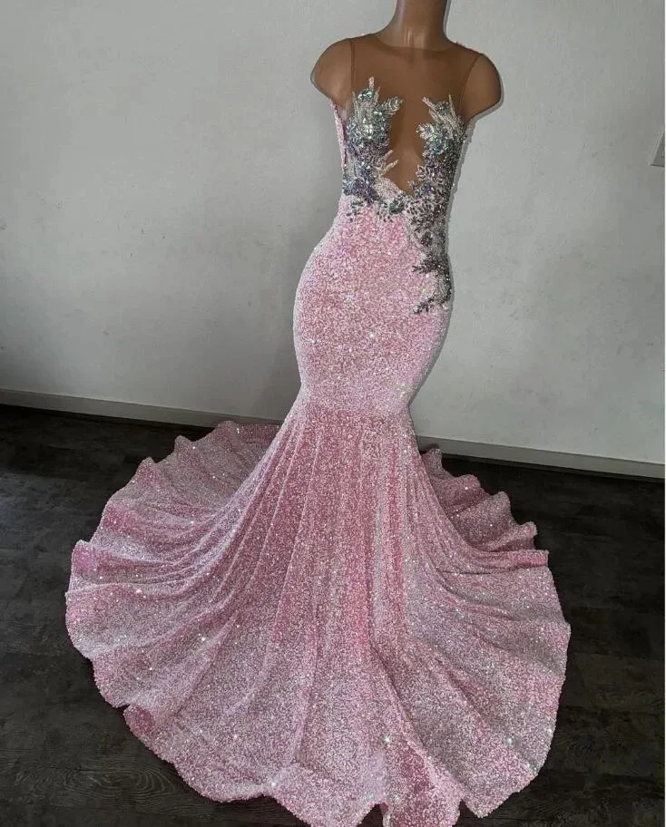 Sexy Pink Prom Dresses Black Girls 2024 Luxury Bead Crystal Sparkly Ve
